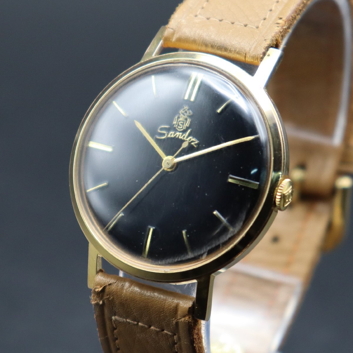 Sandoz サンドス 手巻き ブラックダイヤル PLAQUE G20ケース スイス製 Sandoz社製革ベルト アンティーク メンズ腕時計 ...
