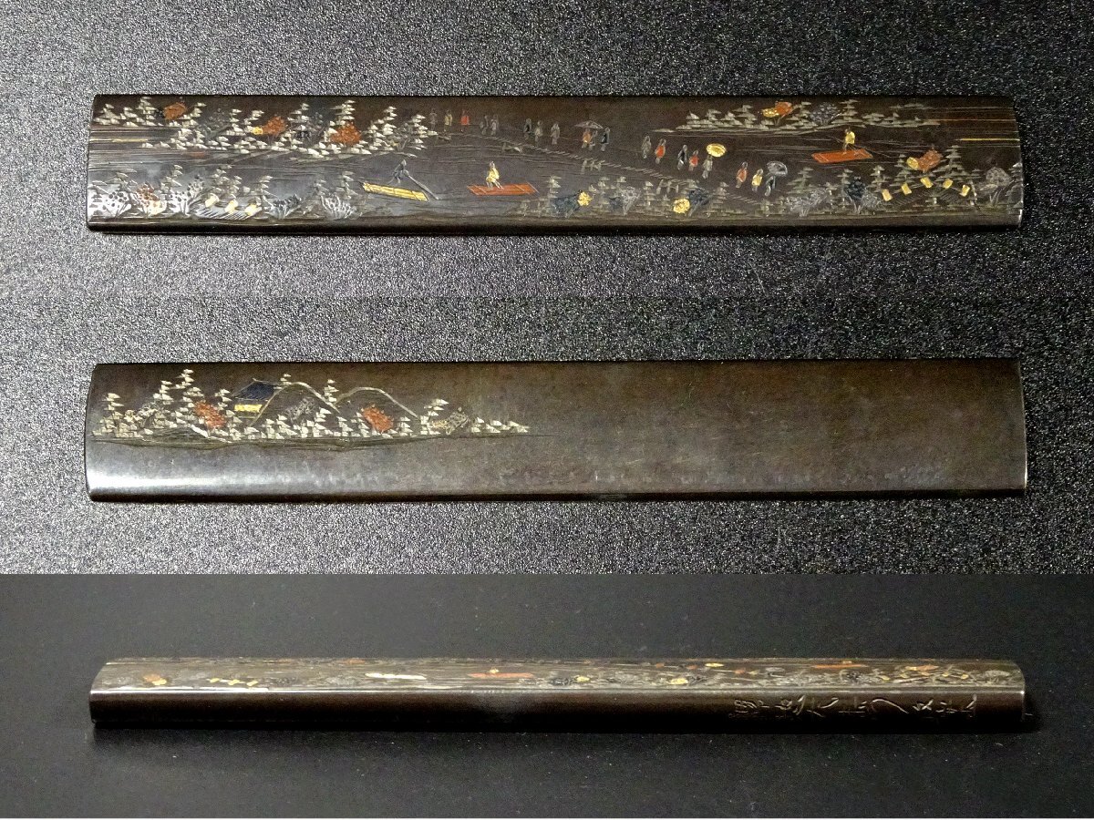 【敬逢】秀逸 刀装具【細野惣左衛門 政守(花押)】銘 四分一磨地 毛彫り 金銀赤銅素銅平象嵌 京都嵐山風景図 縁頭小柄目貫 三所揃い TST20 /【Buyee】 Buyee ...