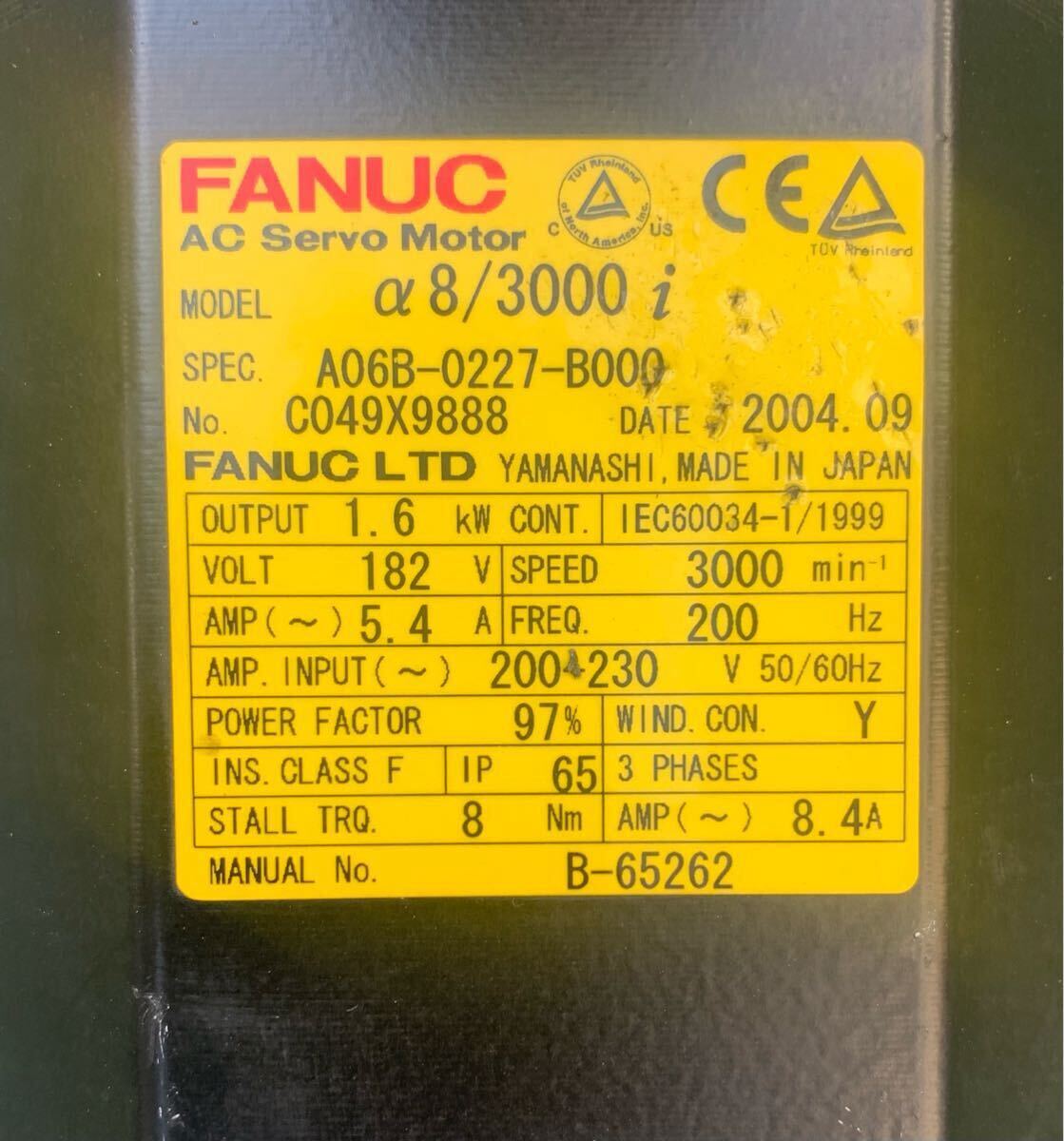 FANUC AC Servo Motor MODEL: 8/3000 i SPEC.A06B-0227-B000. No. CO49X9888 /【Buyee】 Buyee ...