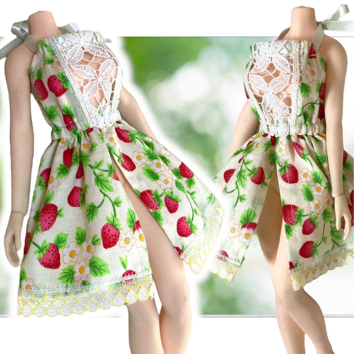 1/6ドール服 レモンイエロー苺柄透けレース切替えとスリットスカートのキャミワンピース TBLeagueファイセン S52 S42 S07 L ...