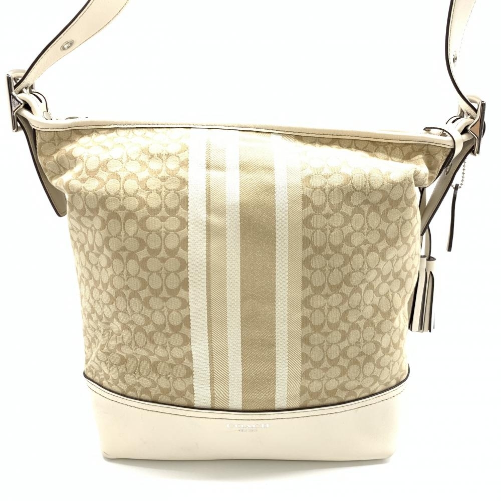 COACH コーチ 19918 レガシー マイクロシグネチャー ストライプ ショルダーバッグ レザー キャンバス ベージュ オフホワイト 管理 ...