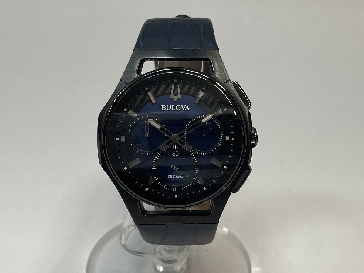 美品 BULOVA ブローバ カーブ クロノグラフ プログレッシブスポーツ クオーツ腕時計 98A232 ブルー文字盤 レザーベルト メンズ ...