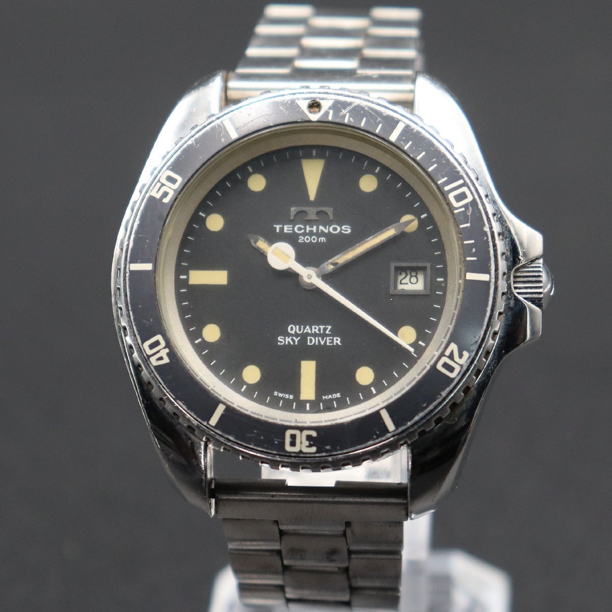 TECHNOS テクノス スカイダイバー 200M防水 750.0009.4 クォーツ ブラック文字盤 デイト BAMBIブレス ヴィンテージ ...