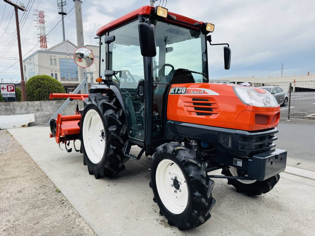 クボタ KT30 エアコンキャビン付き 30馬力 トラクター KINGEYE（キングアイ）486h 新品爪の純正ロータリー付き 逆転PTO ...