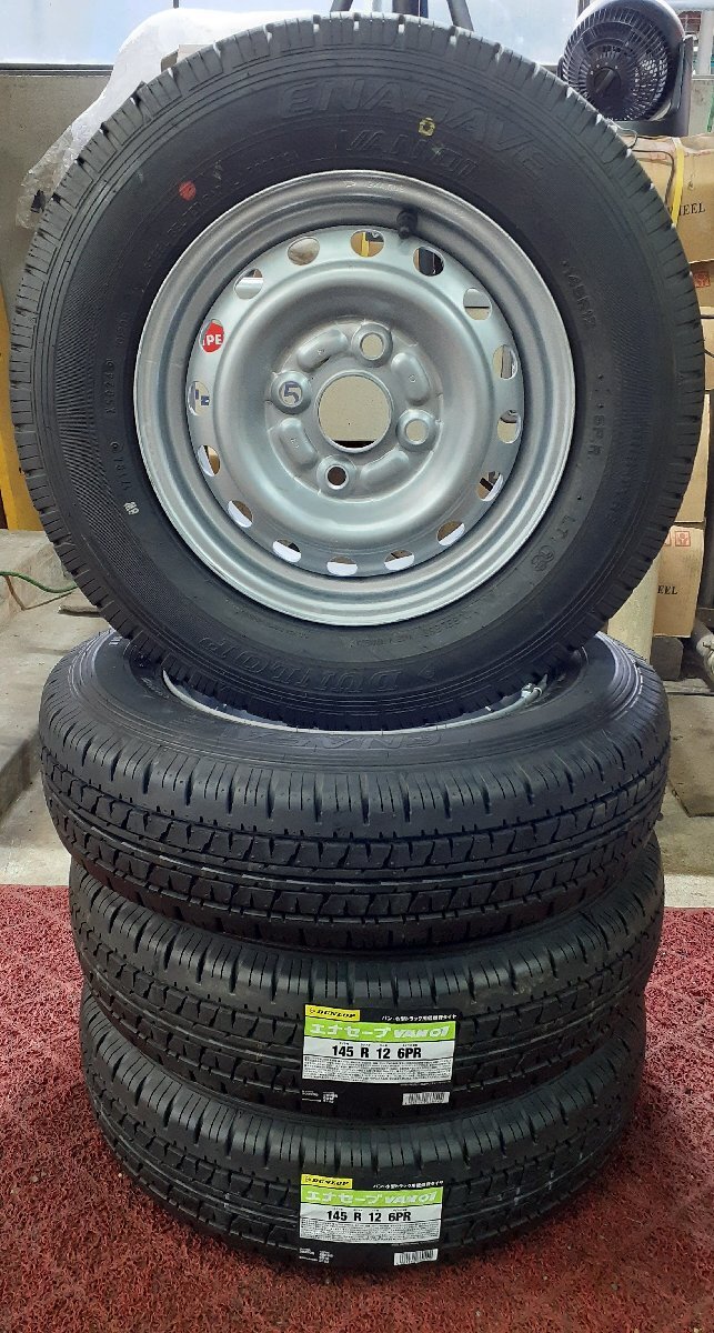 1円～★新品タイヤ中古ホイール★KF8482 145R12 6PR LT 4本 DUNLOP ENASAVE VAN01 スチール 送料無料 夏 ’24年 12×3.5J +40 PCD100 ...