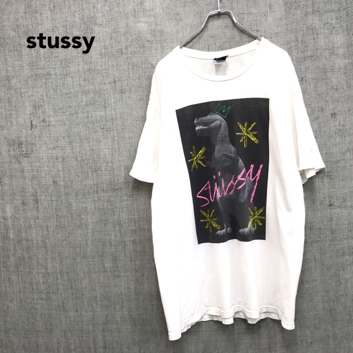 2S1641-D stussy ステューシー 半袖Tシャツ カットソー プリント ティラノサウスス 恐竜 sizeL ホワイト コットン 古着 ...