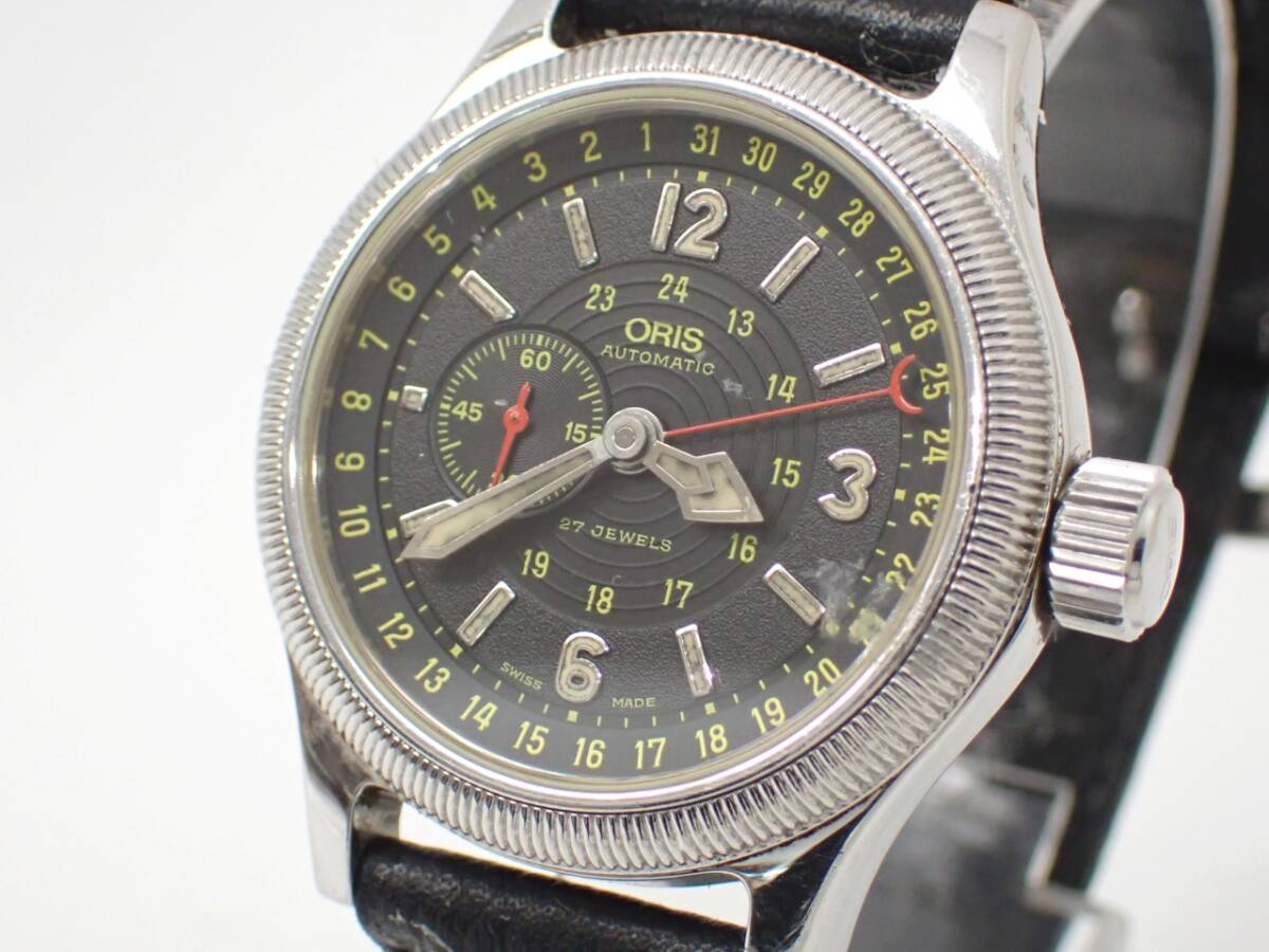 稼働品 1円～☆ORIS オリス AT/自動巻き メンズ腕時計 ビッグクラウン ポインターデイト 7482B スモセコ 黒文字盤 デイト ...
