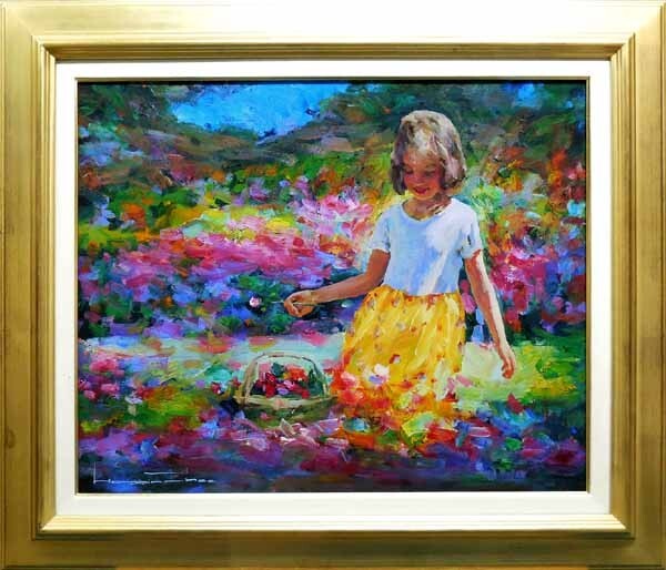 ＊真作＊大判名品 ホンビン・ヅォー(Hongbin Zhao)「花を摘む少女」キャンバスに油彩/美少女/中国/東方のモネ/デパート百貨店取扱 ...