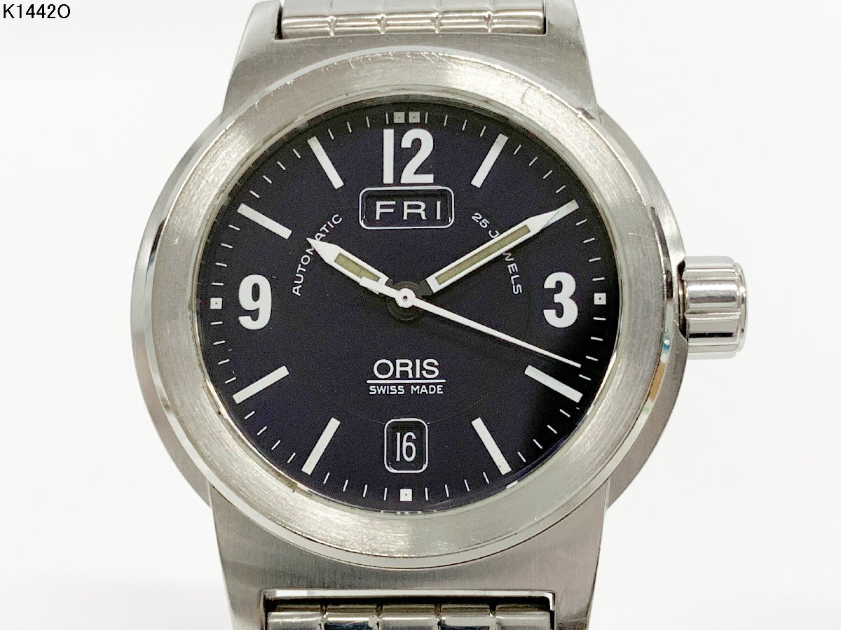ORIS 7500 25石 オリス ビッグクラウン 自動巻き デイデイト 裏スケ ブラック文字盤 シルバー メンズ 腕時計 純正ベルト 稼働品 ...