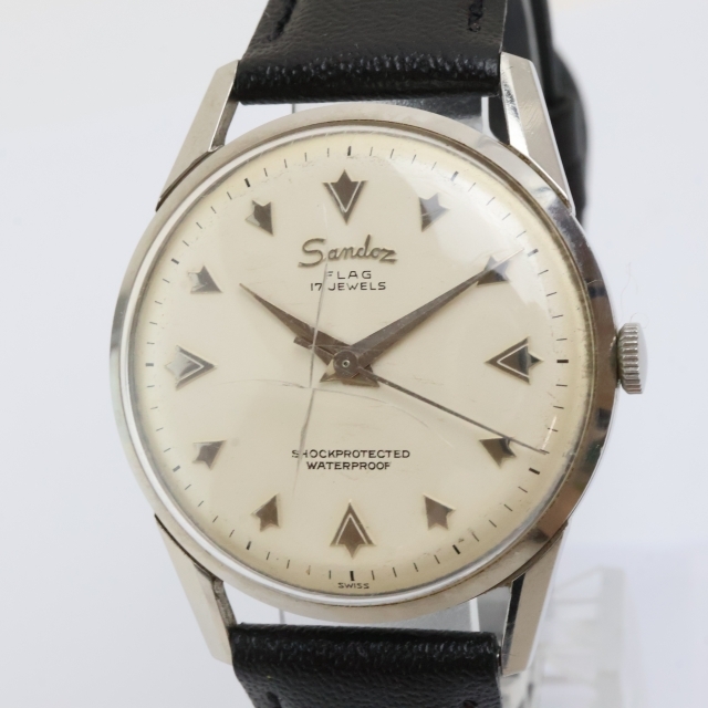 2507-689 HW サンドス フラッグ 手巻き式 腕時計 SANDOZ 17石 くさびインデックス 丸形 銀色ケース シルバーカラー ...