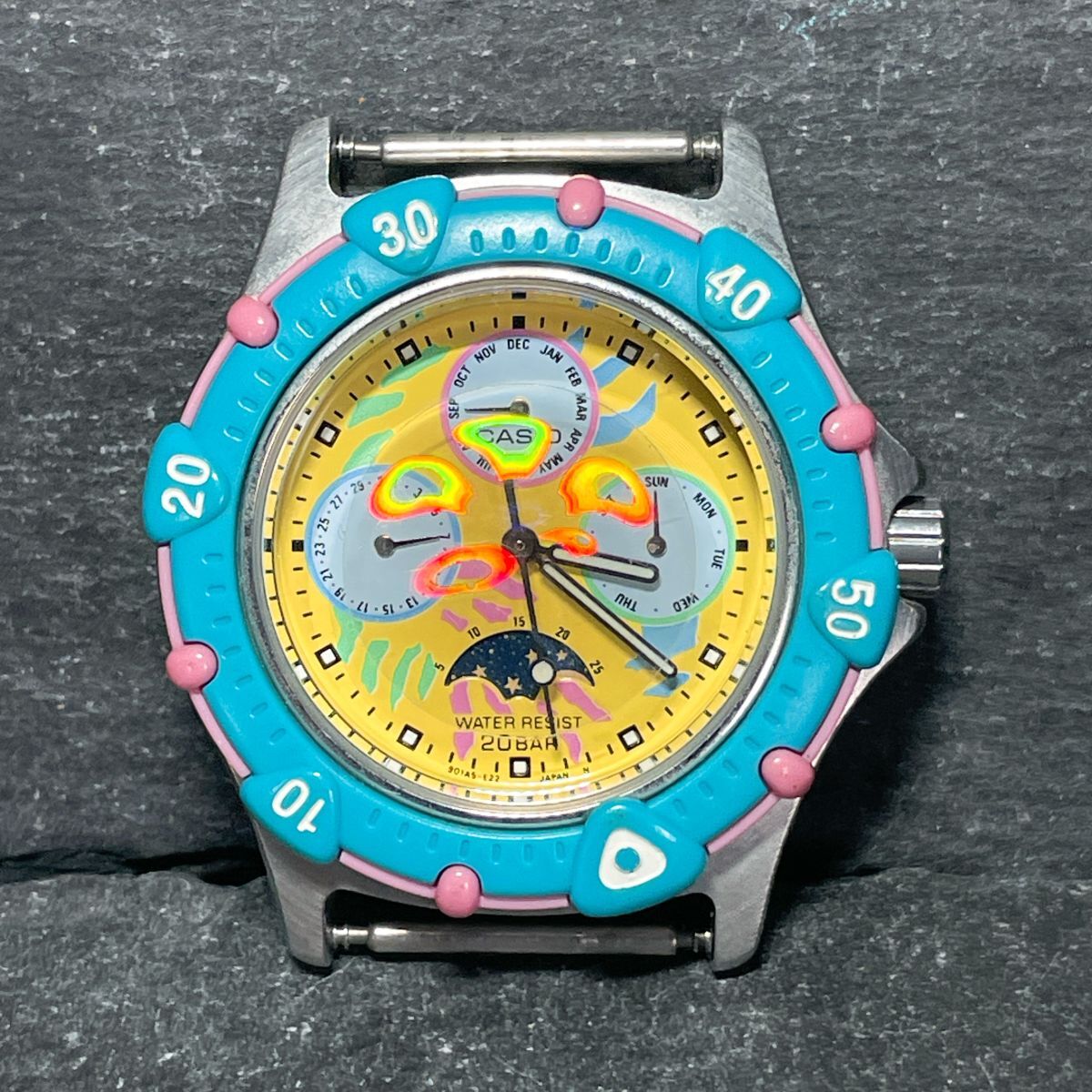 美品 CASIO カシオ MD-733 腕時計 アナログ クオーツ マルチファンクション イエロー文字盤 ラウンド 新品電池交換済み 動作確認 ...