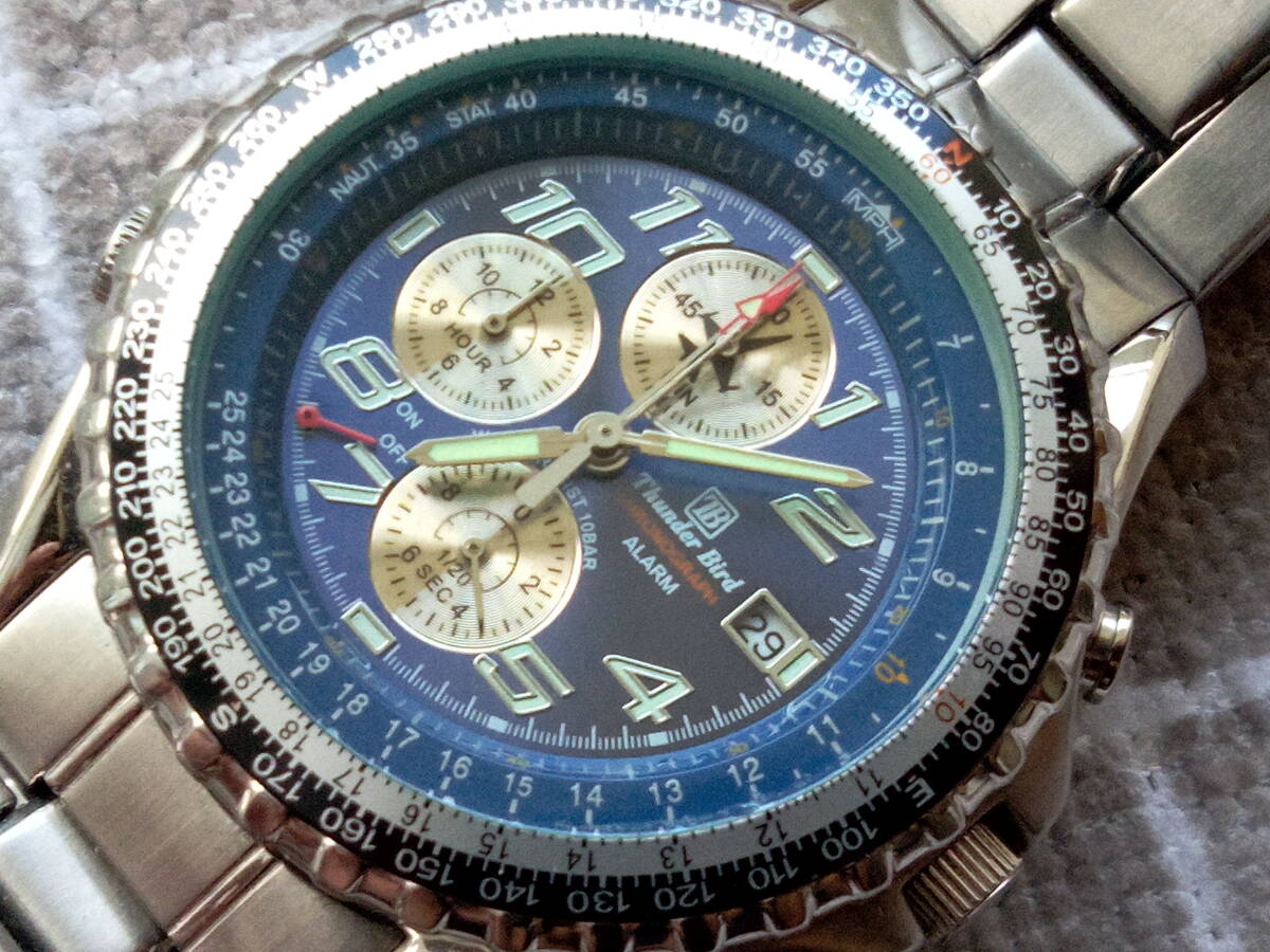 美品 シチズン サンダーバード CITIZEN THUNDERBIRD パイロットクロノグラフアラーム ブルーシルバーパンダ文字盤 ...