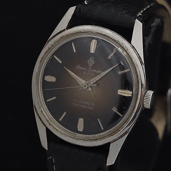 稼動 HENRI SANDOZ 手巻き 1761Y-88 ブラック文字盤 ラウンド シルバー 17石 メンズ腕時計 2000000 NSK ...