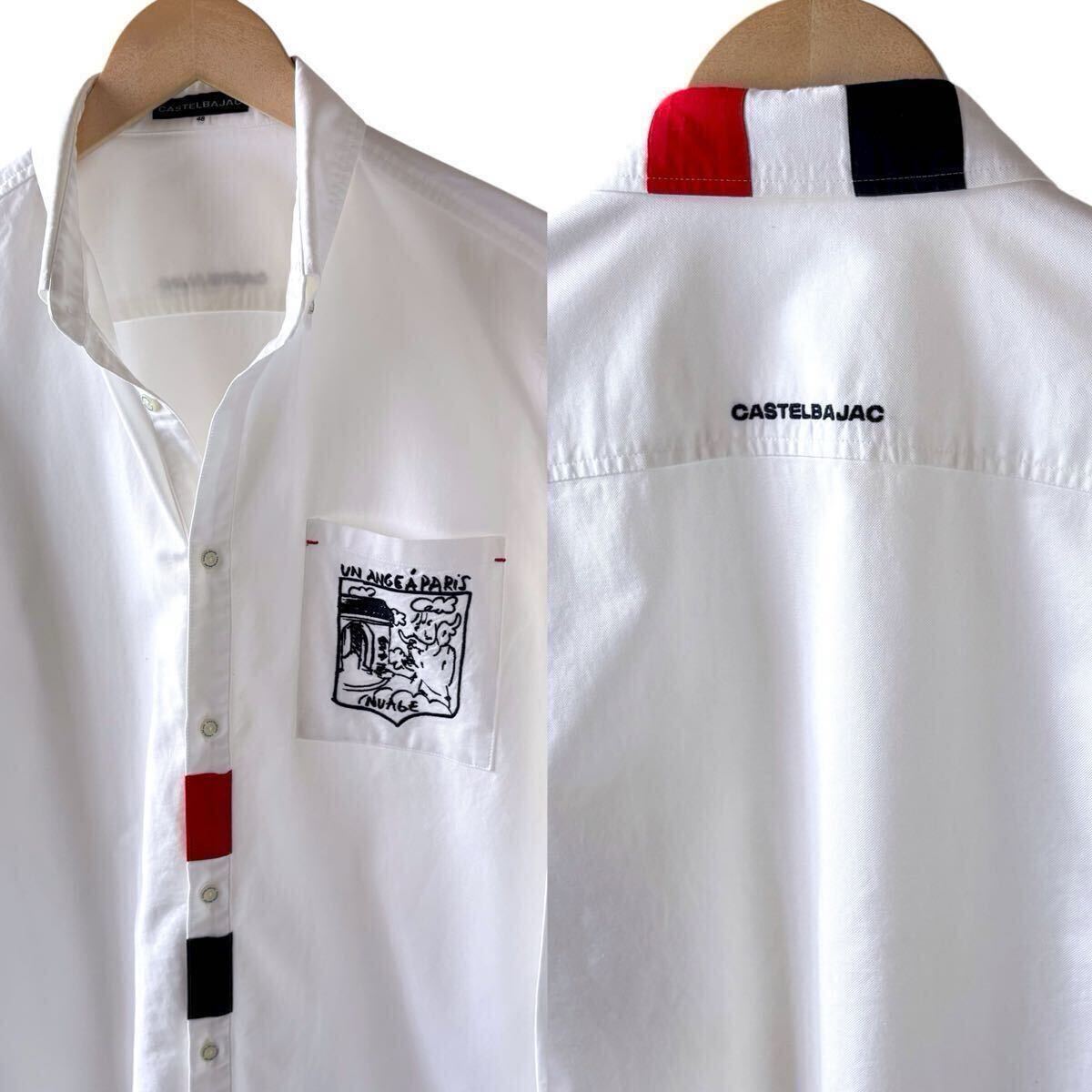 カステルバジャック CASTELBAJAC ボタンダウン 長袖シャツ 48 (L) ホワイト レッド ネイビー 刺繍 シャツ 白 ...