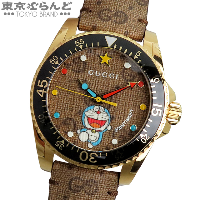 101806754 グッチ ダイブウォッチ YA136335 136.3 ブラウン SS レザー ドラえもん コラボ GG 箱保証書付 腕時計 ...