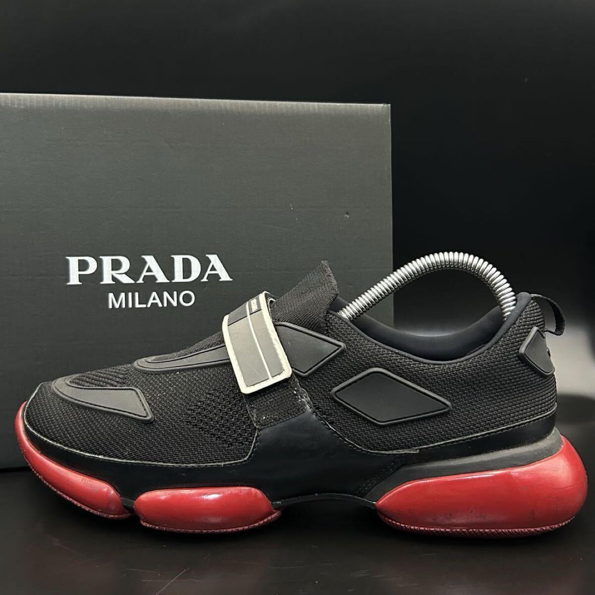 1円【美品】PRADA プラダ クラウドバスト スニーカー ローカット ロゴ メッシュ メンズ ブラック 黒 サイズ25cm相当 ...