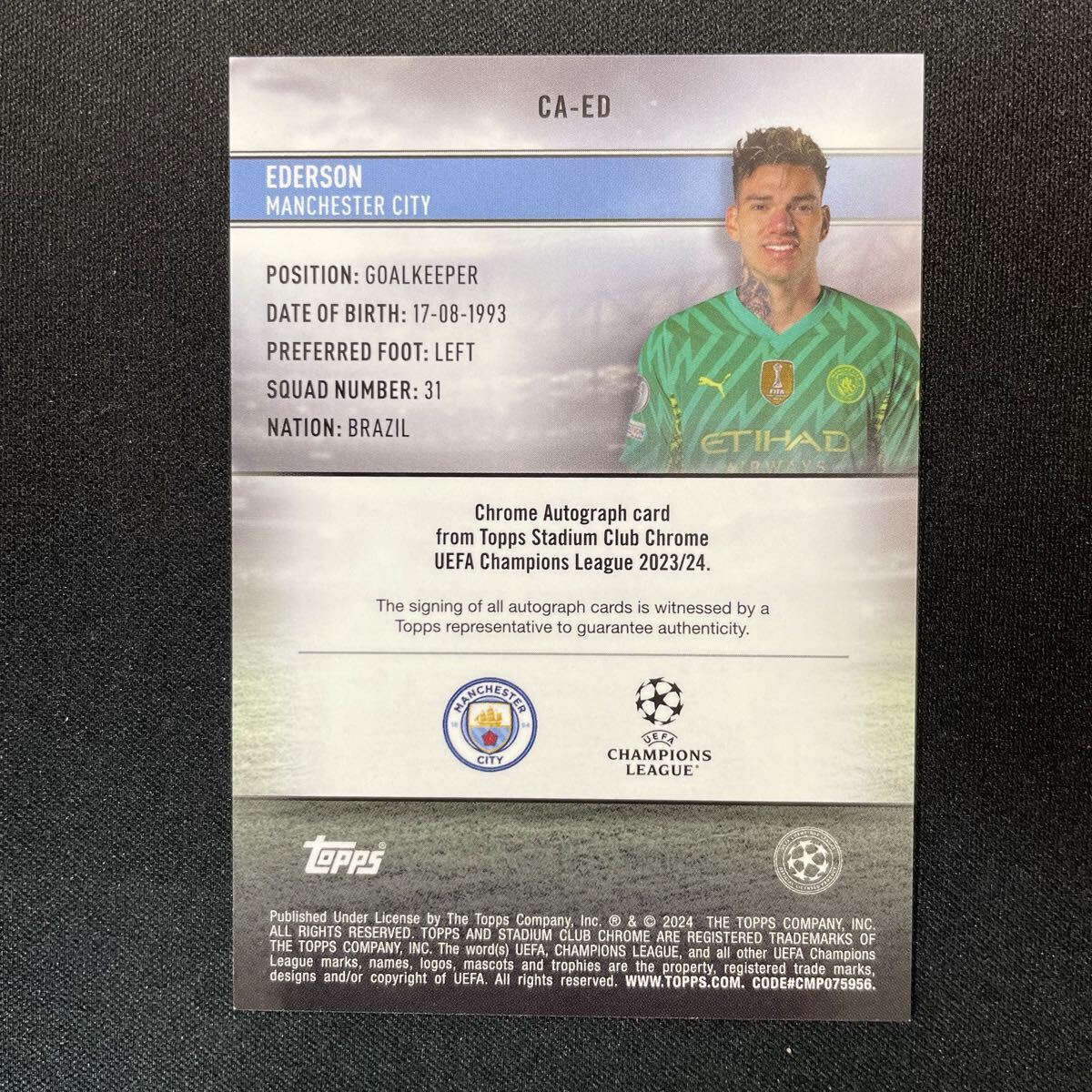 2023-24 Topps Stadium Club Chrome UEFA Ederson Auto Manchester City 直筆 ...
