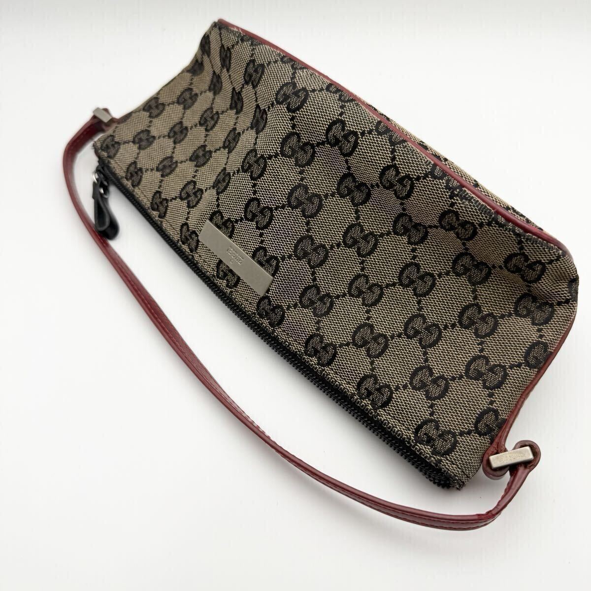 【希少カラー・美品】GUCCI グッチ アクセサリーポーチ アクセポ ハンドバッグ ミニバッグ レッド ブラウン ロゴプレート ストラップ ...