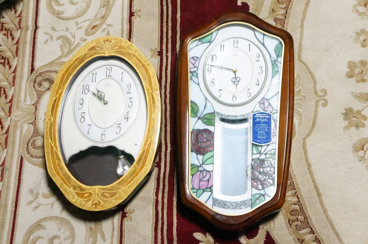壁掛け時計2点 リズム時計クイーンエリザベス2 4MJ853QE ステンドグラス SEIKO セイコーEMBLEM エンブレム HS399B ...