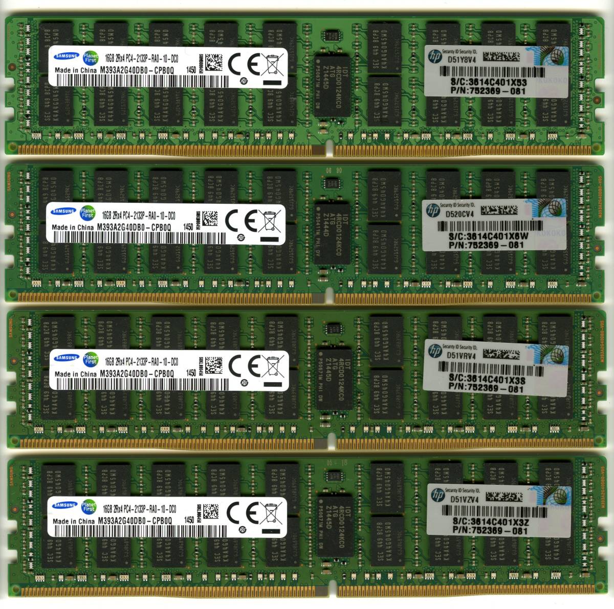 HP純正 Samsung、DDR4-2133、ECC Registered、16GB×4枚セットで64GB、中古 752369-081 Z440で動作確認済み reg rdimm 1450 ...