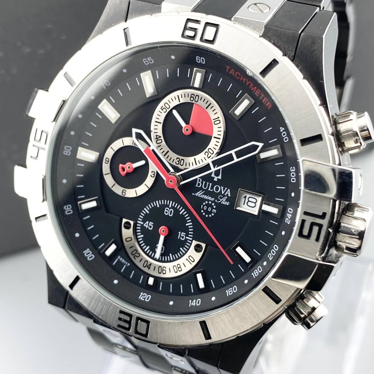 【1円箱付】BULOVA ブローバ 腕時計 メンズ クロノグラフ MARINE STAR マリンスター ブラック文字盤 デイト 可動品 ...