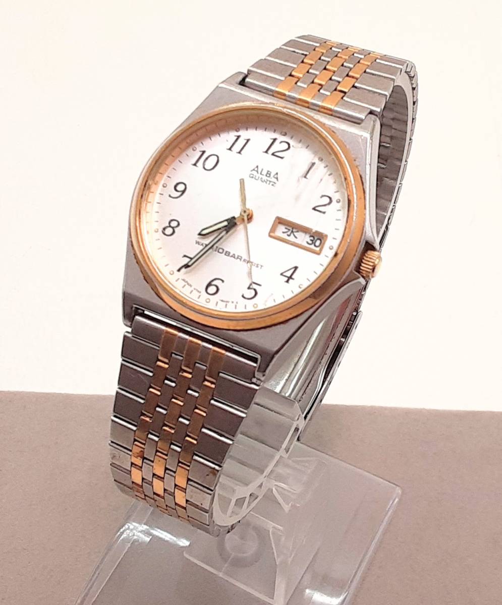 1円【稼働品】SEIKO/セイコー ALBA アルバ V743-8A10 クォーツ メンズ腕時計☆3針 デイデイト コンビカラー ウォッチ ...