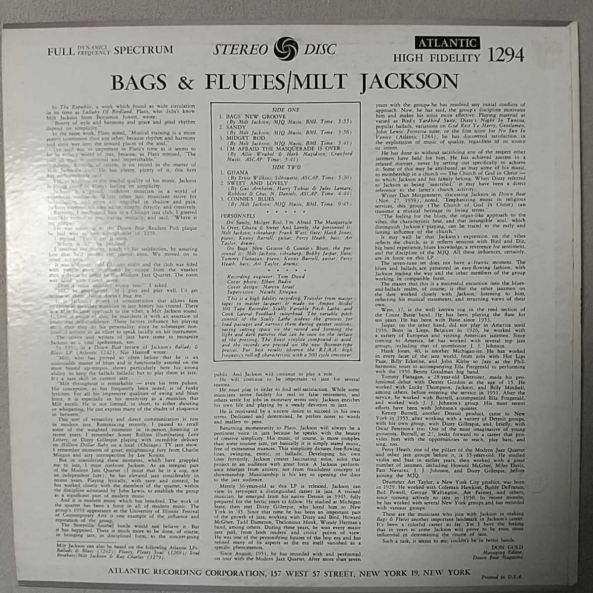 【US盤】MILT JACKSON/BAGS&FLUTES ATLANTIC SD-1294 グリーンラベルST-A-59106 光沢 ...
