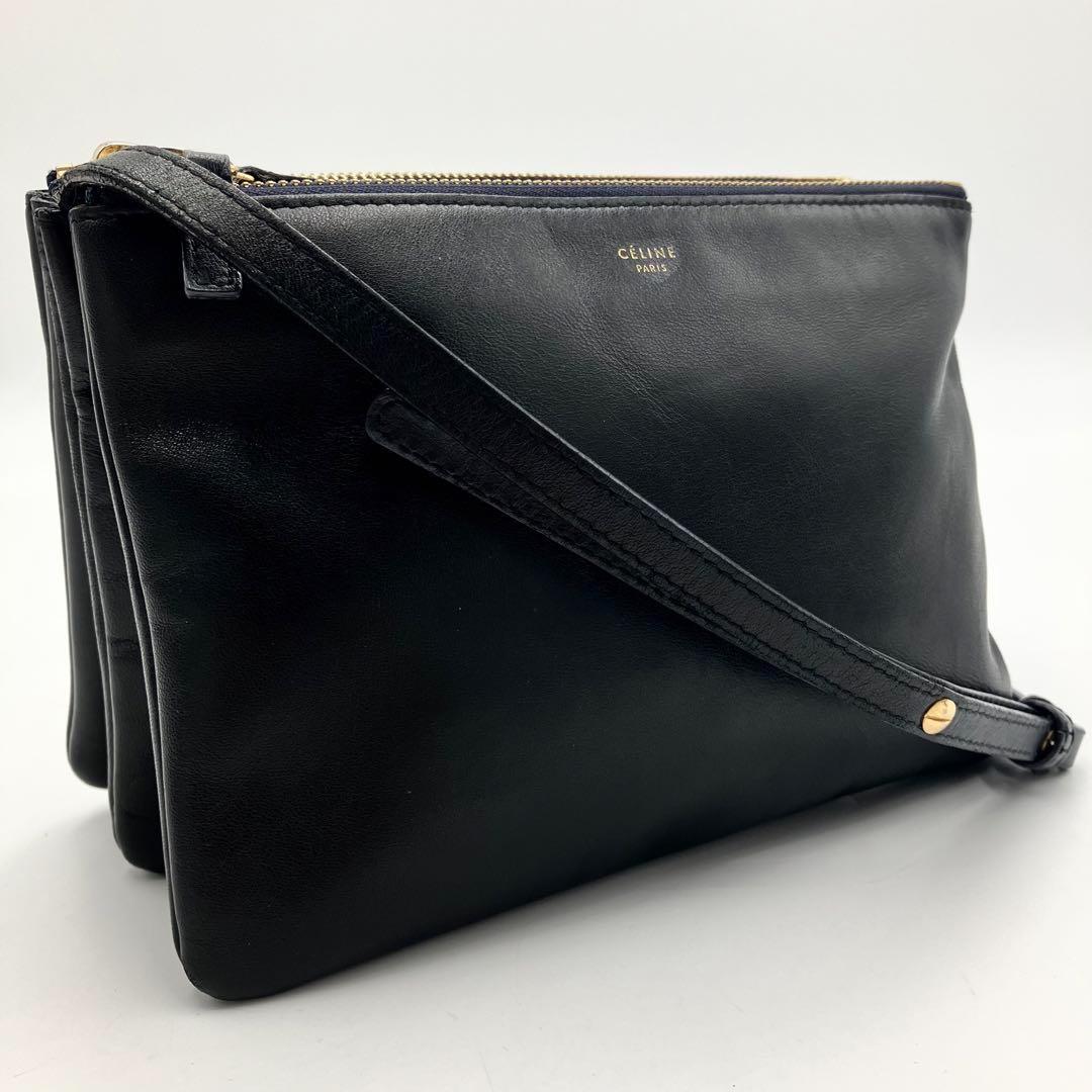 1円 極美品 CELINE セリーヌ トリオ ショルダーバッグ ブラック レザー レディース メンズ 斜め掛け 肩掛け フォーマル 853 ...