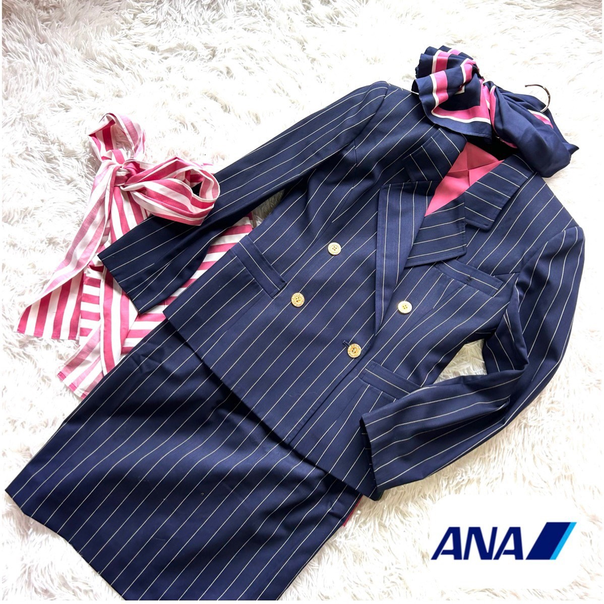 極美品 ANA 全日空 8代目 CA 制服 5点セット jun ashida ジュンアシダ ジャケット スカート スカーフ ブラウス エプロン 7A3 ストライプ /【Buyee】 Buyee ...