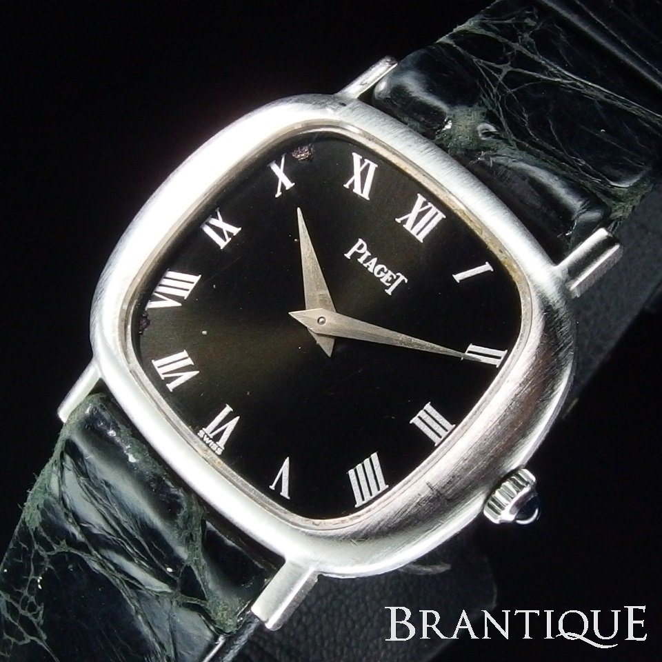 PIAGET ピアジェ K18 WG/革 9451 純正革ベルト 尾錠 手巻き 24.8g ローマンダイヤル スクエア 黒 文字盤 メンズ 腕 ...