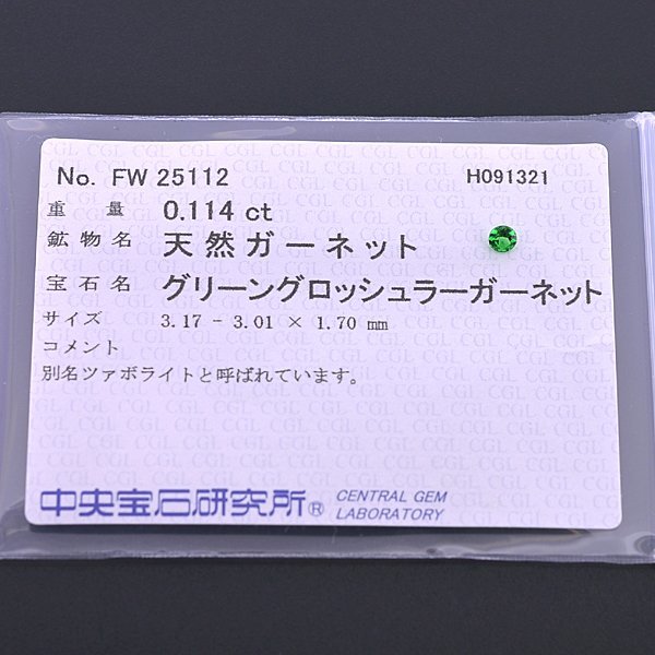 M1778【BSJD】天然ガーネット グリーングロッシュラーガーネット ツァボライト 0.114ct ルース 裸石 中央宝石研究所 ...
