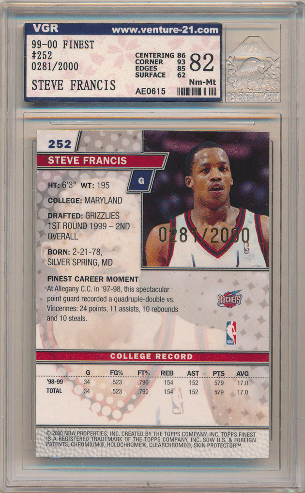Steve Francis NBA 1999-00 Topps Finest RC #252 Rookie Card 2000枚限定 VGR ...