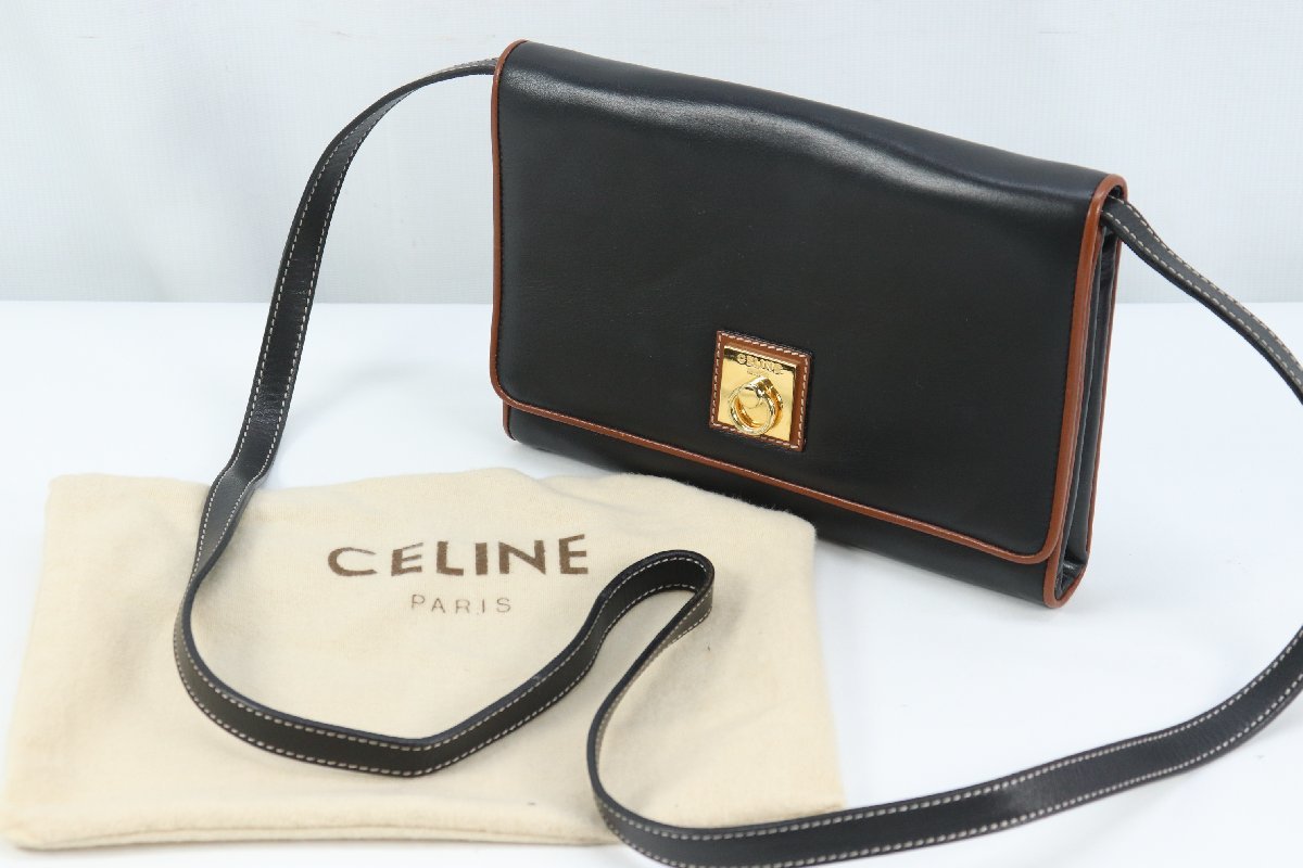 CELINE セリーヌ ショルダーバッグ ブラック×ブラウン ゴールド金具 肩掛け 斜め掛け ポシェット レディース 鞄 カバン かばん ...