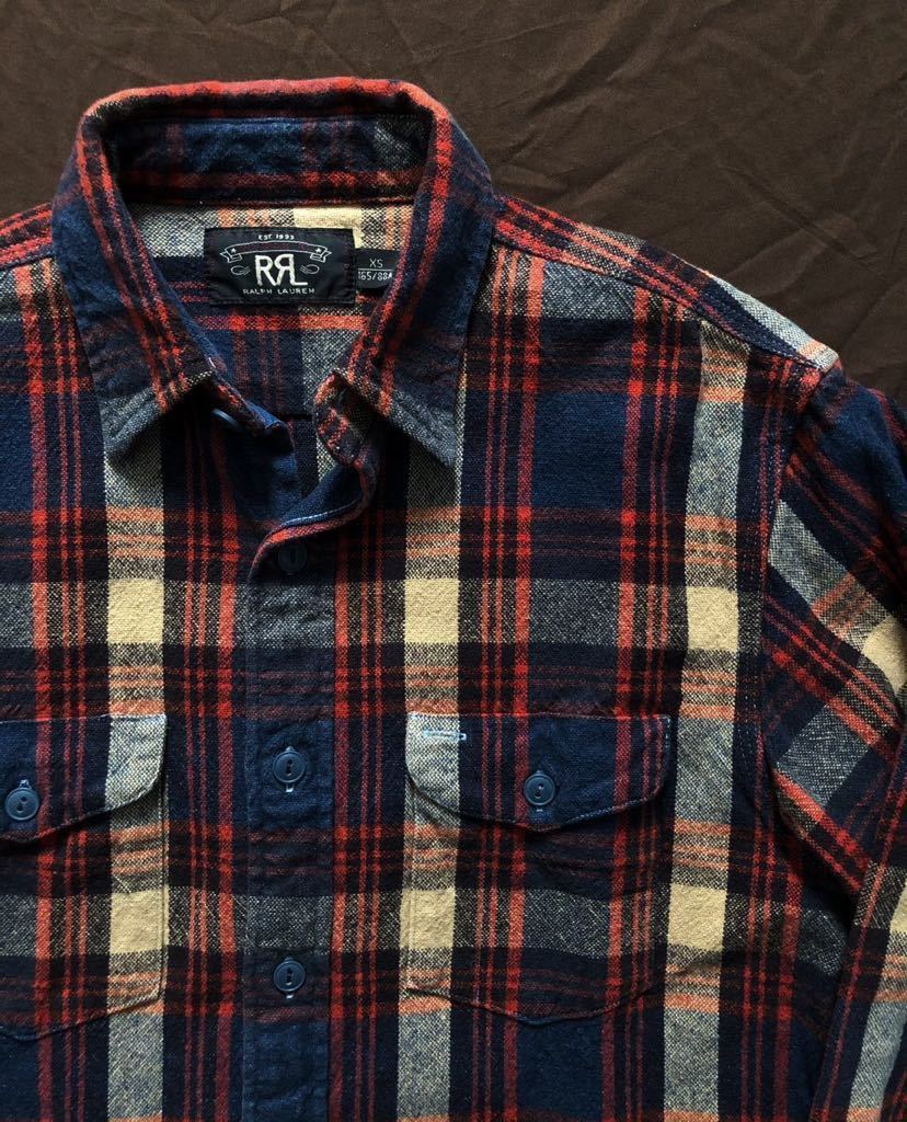 【傑作】極美品 RRL FLANNEL PLAID CHECK SHIRT ダブルアールエル インディゴ プレイド チェック フランネル ...