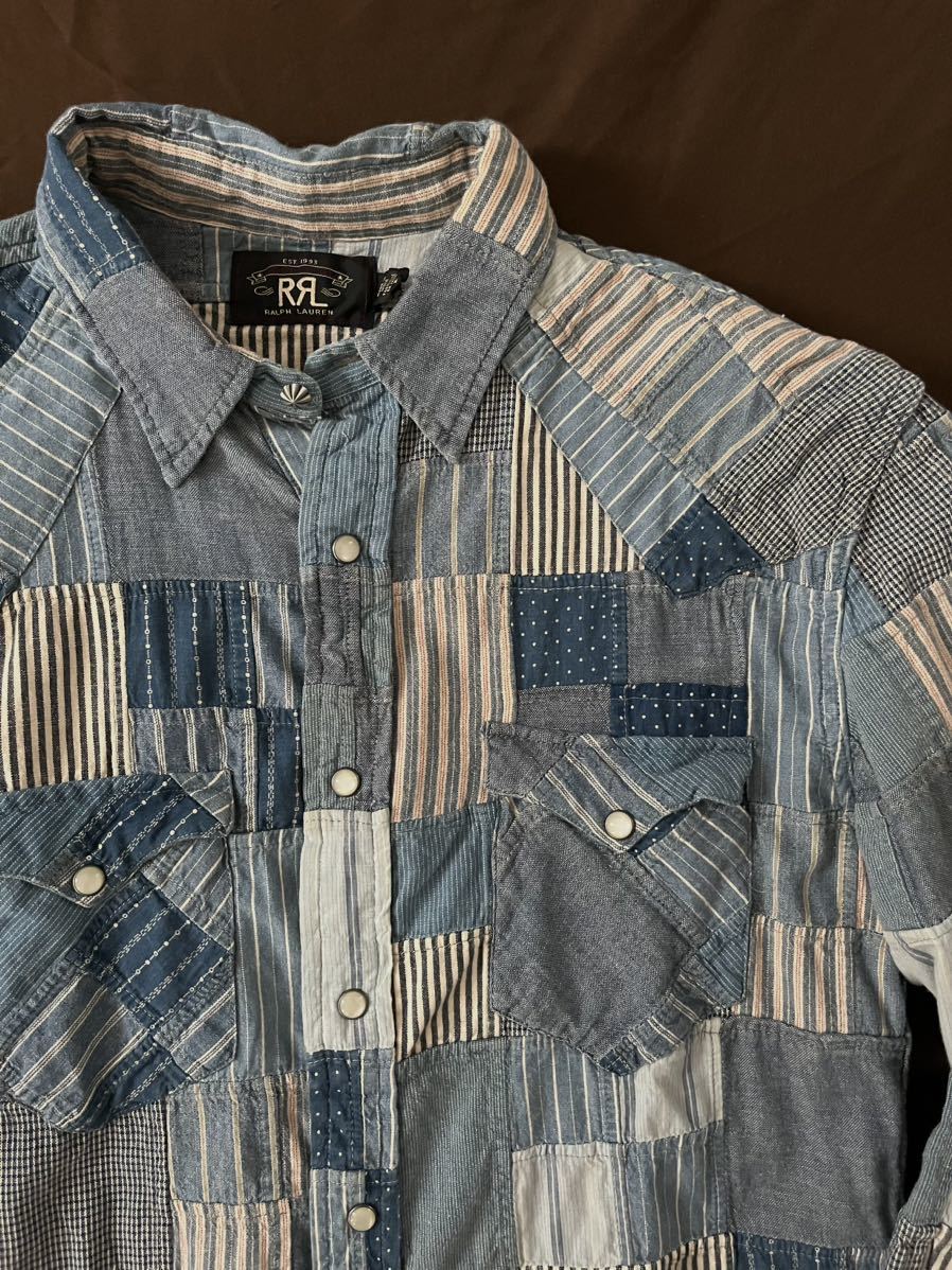 【傑作】極美品 RRL WRANGLER INDIGO PATCHWORK WESTERN SHIRT ダブルアールエル パッチワーク ...