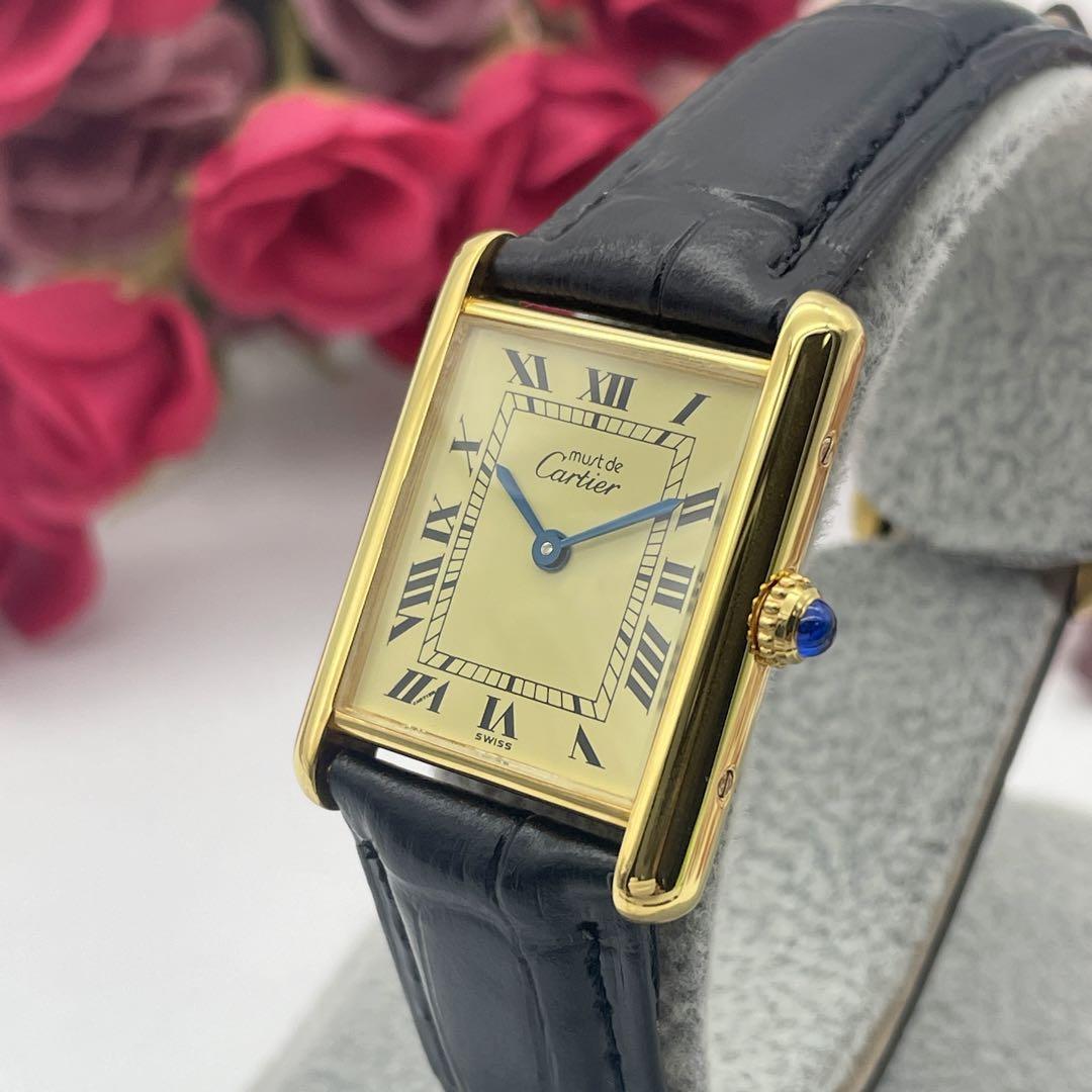 T591 1円 分解整備・磨き済 Cartier カルティエ ヴェルメイユ マストタンクLM アイボリー文字盤×黒ストラップ クォーツ 電池式 ...