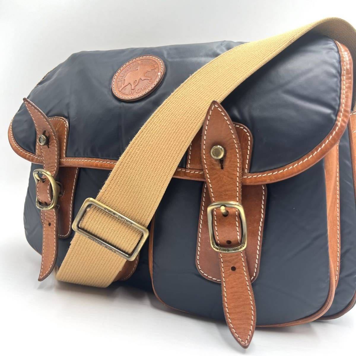 極美品 HUNTING WORLD ハンティングワールド メンズ メッセンジャーバッグ ショルダー バチュークロス サーパス レザー 本革 ...