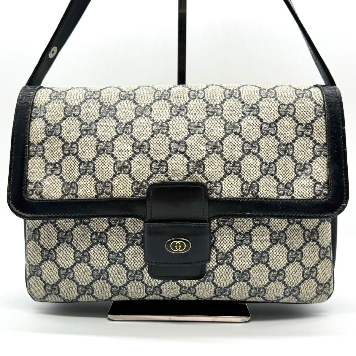 725 廃盤入手困難 GUCCI グッチ ショルダーバッグ 斜め掛け オールド ネイビー GG スプリーム レザー インターロッキング 金具 ...