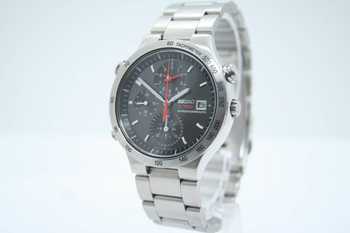 【現状品】SEIKO Speedmaster 1/100 Chronograph 10 Bar Quartz Date Black Mens 7T52-6A30 セイコー スピードマスター ...