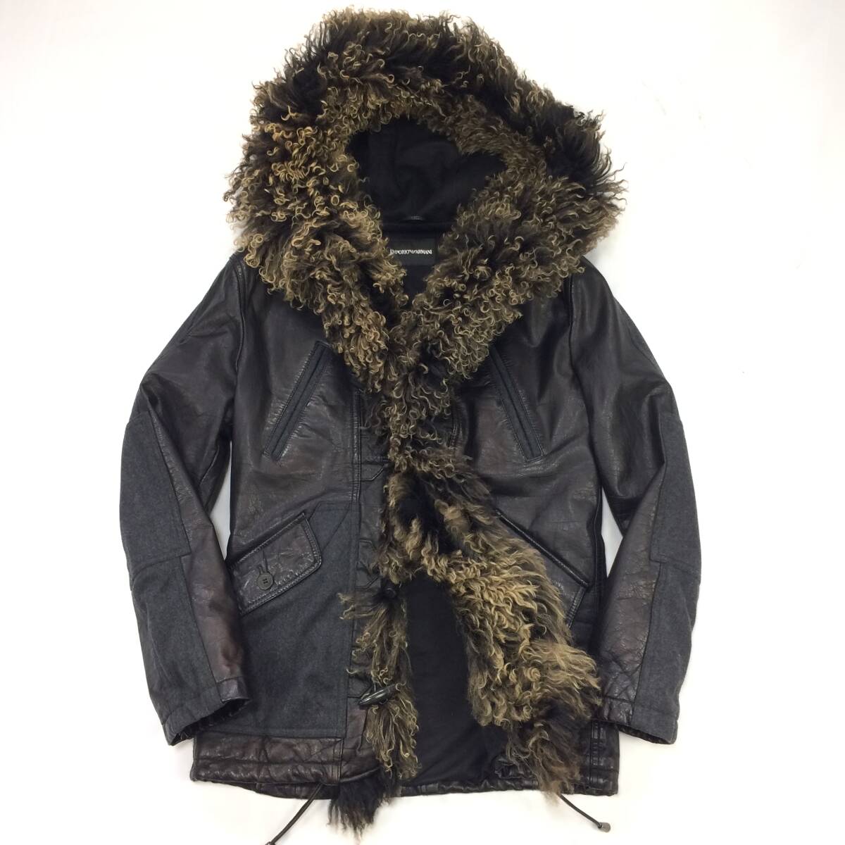 EMPORIO ARMANI エンポリオ アルマーニ 本革/バッファローレザー カールファー フード付き レザージャケット 革ジャン ファーコート L～XL /【Buyee】 Buyee ...