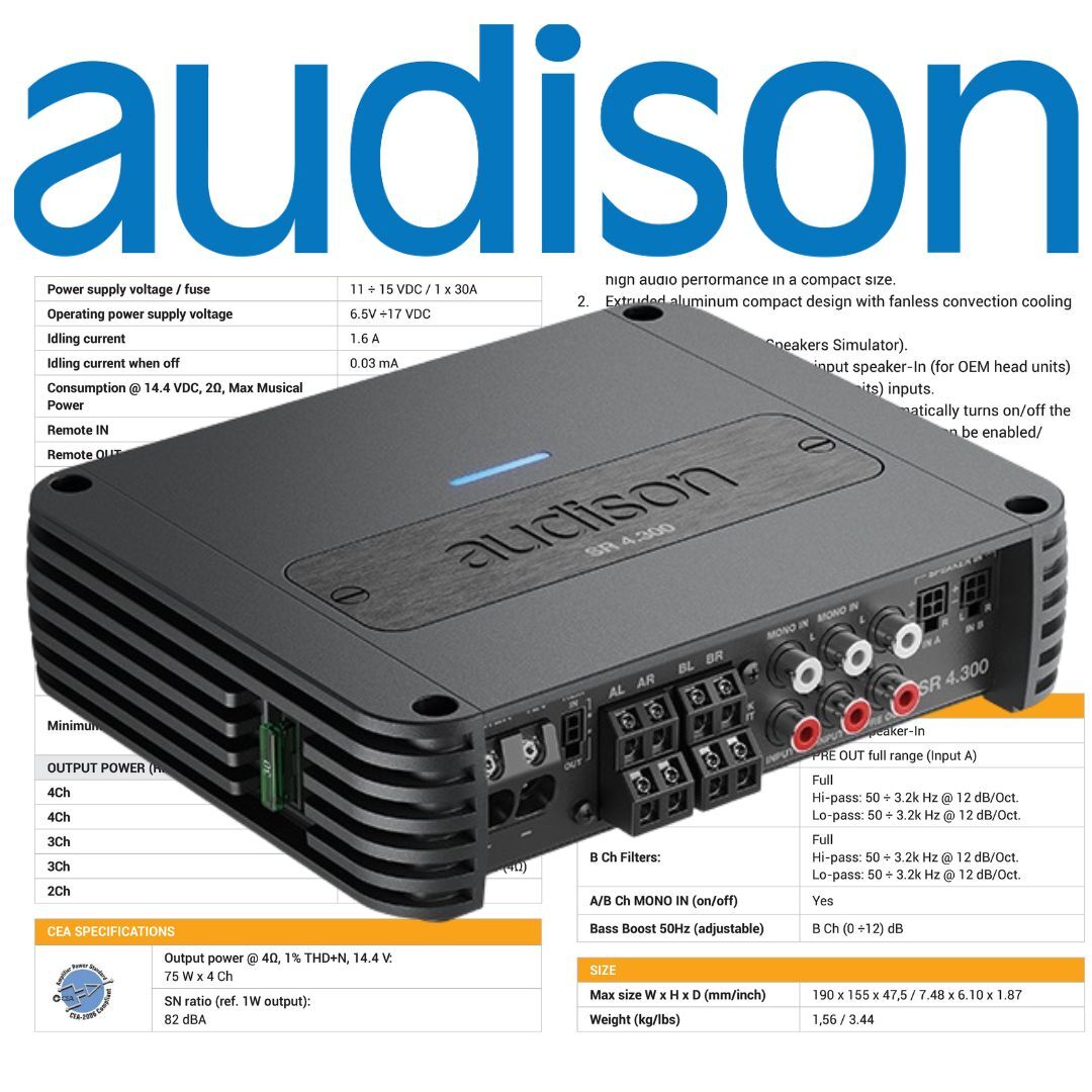 audison SR.2アンプ SR4.300.2 オーディソン 85Wx4ch カーオーディオ ハイパス ローパスフィルター ブリッジ ハイ ...