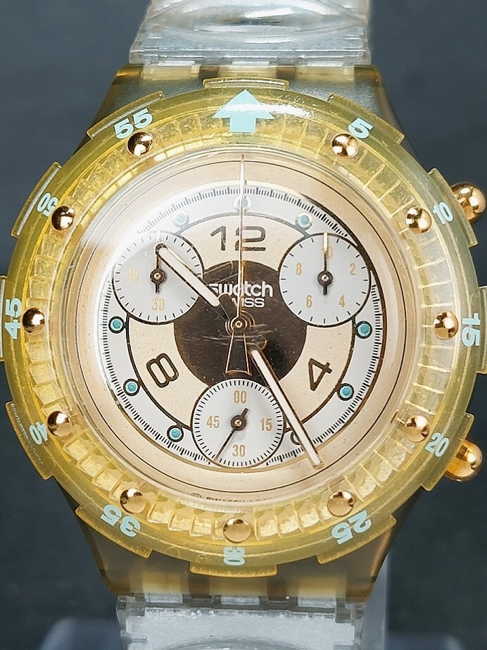美品 箱付き SWATCH スウォッチ CHRONO クロノ GOLDEN RIVET SEM100/SEM101 アナログ クォーツ 腕時計 蛇腹ベルト 裏スケ 新品電池交換済み ...
